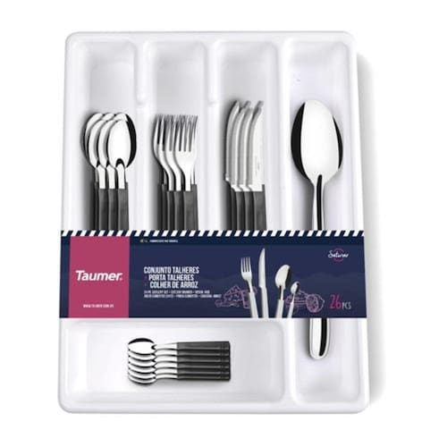 Jogo Conjunto Talheres 24 Peças Aço Inox Cabo Plástico + Porta Talher ...