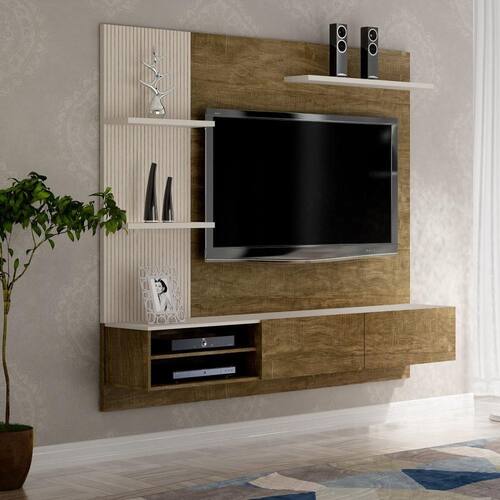 ES | Home Painel Para TV Até 65 Polegadas Sala Quarto 2 Portas 3 Prateleiras MDF Marrom Madeira ...